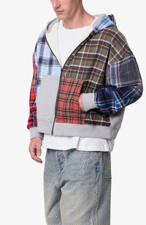 Mnml Patchwork Flannel Zip Crop Hoodie