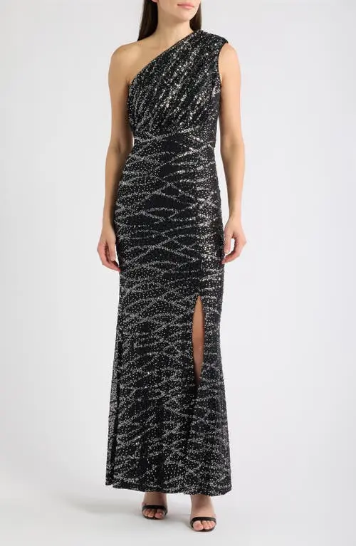 Eliza J Sequin One-shoulder Gown With High Slit