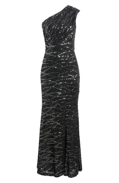 Eliza J Sequin One-shoulder Gown With High Slit