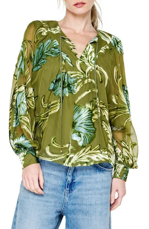 CIEBON Burnout Velvet Floral Blouse - Green Multi