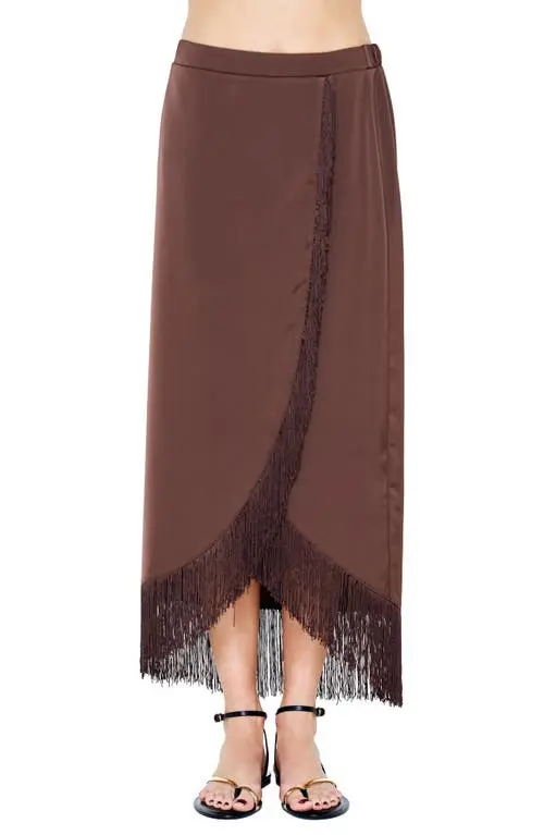 CIEBON Sana Fringe Trim Satin Midi Skirt - Brown