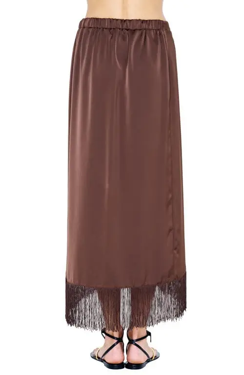 CIEBON Sana Fringe Trim Satin Midi Skirt