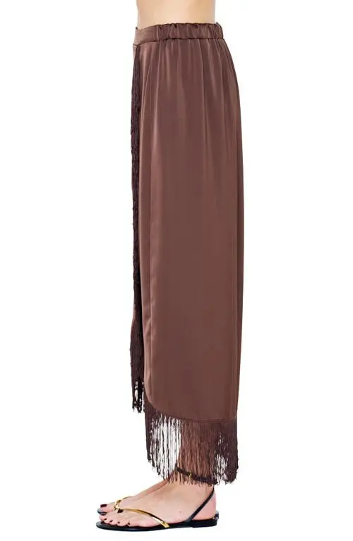 CIEBON Sana Fringe Trim Satin Midi Skirt
