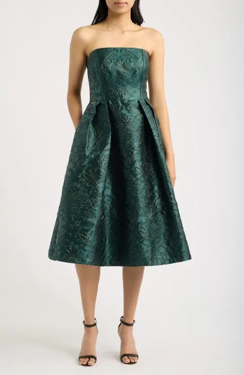 Eliza J Metallic Brocade Convertible Strapless Cocktail Midi Dress - Hunter
