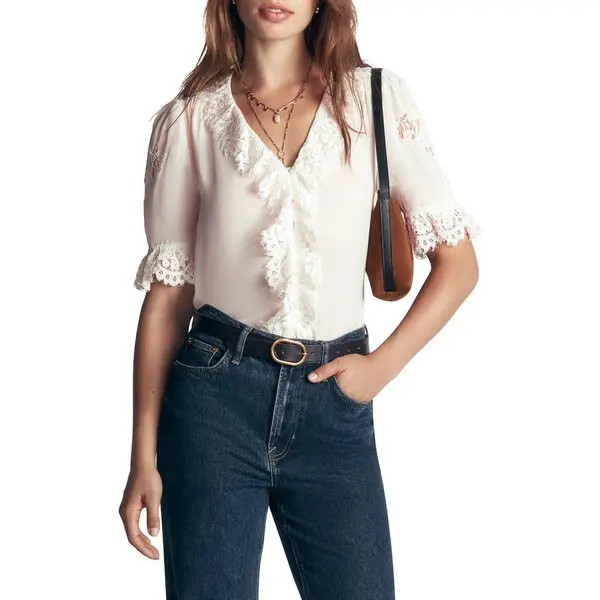 Boden Ruffle V-neck Lace Top - Ivory