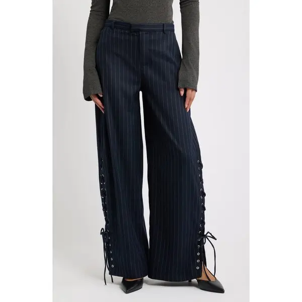 FENERS Delirio Lace-up Wide Leg Pinstripe Pants - Navy
