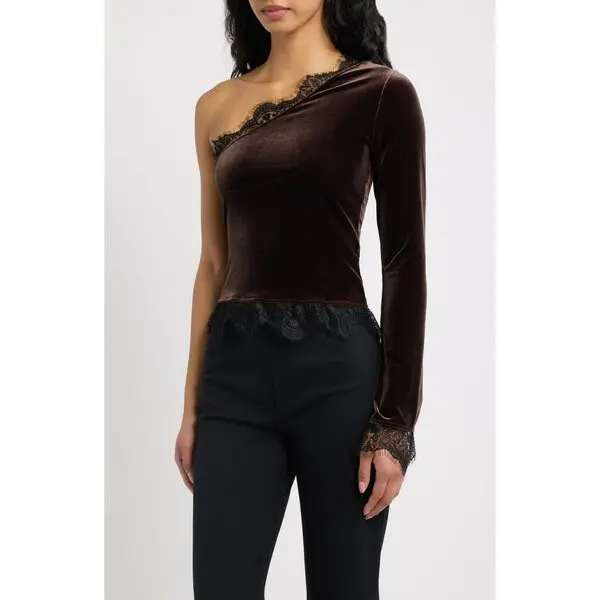 FENERS Reliquia Lace Trim One Shoulder Stretch Velvet Top - Chocolat