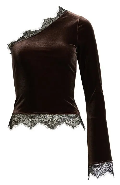 FENERS Reliquia Lace Trim One Shoulder Stretch Velvet Top