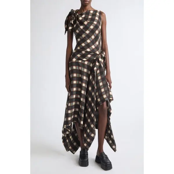Monse Silk Knotted Plaid Midi Dress