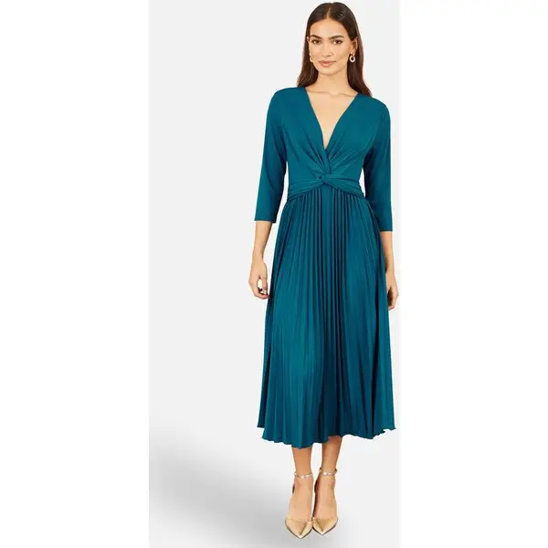 YUMI Stretch Wrap Pleated Midi Dress - Teal