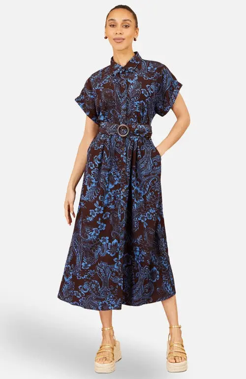 YUMI Paisley Belted Midi Shirt Dress - Brown