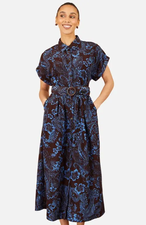 YUMI Paisley Belted Midi Shirt Dress