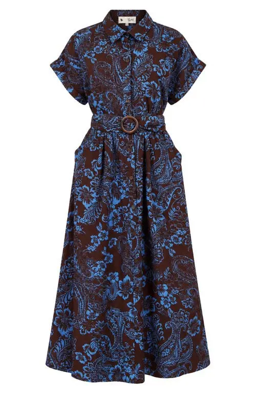 YUMI Paisley Belted Midi Shirt Dress