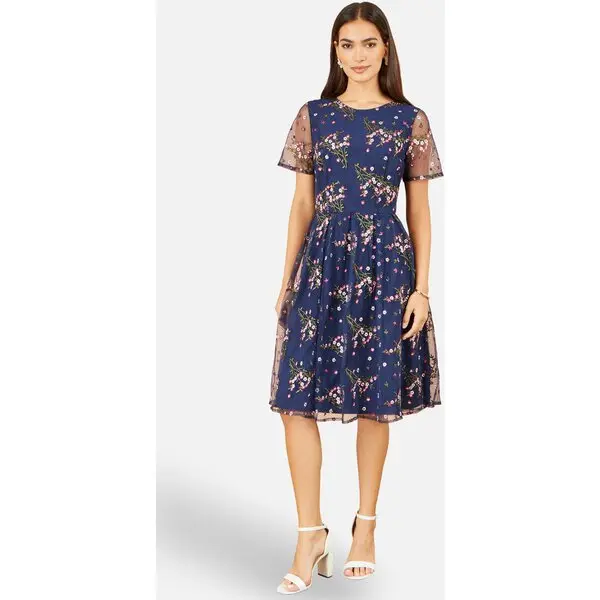 YUMI Embroidered Floral Mesh Fit-and-flare Dress - Navy