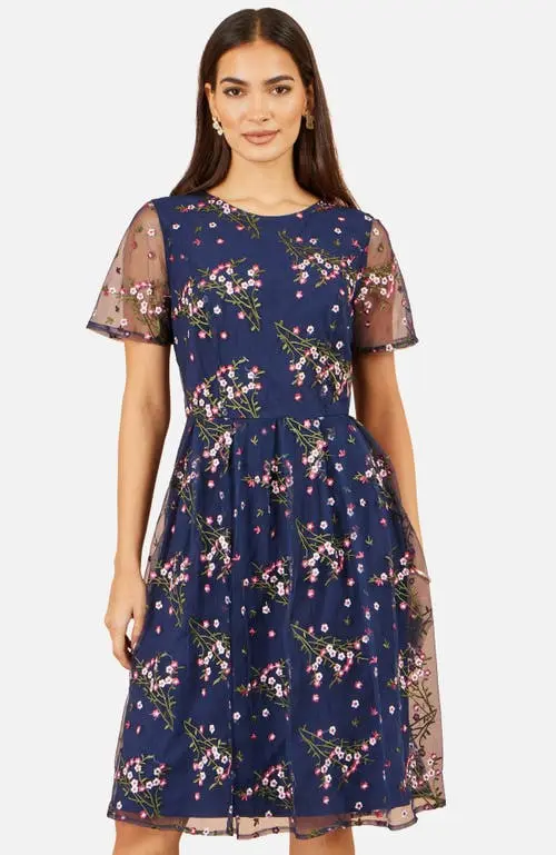 YUMI Embroidered Floral Mesh Fit-and-flare Dress - Navy