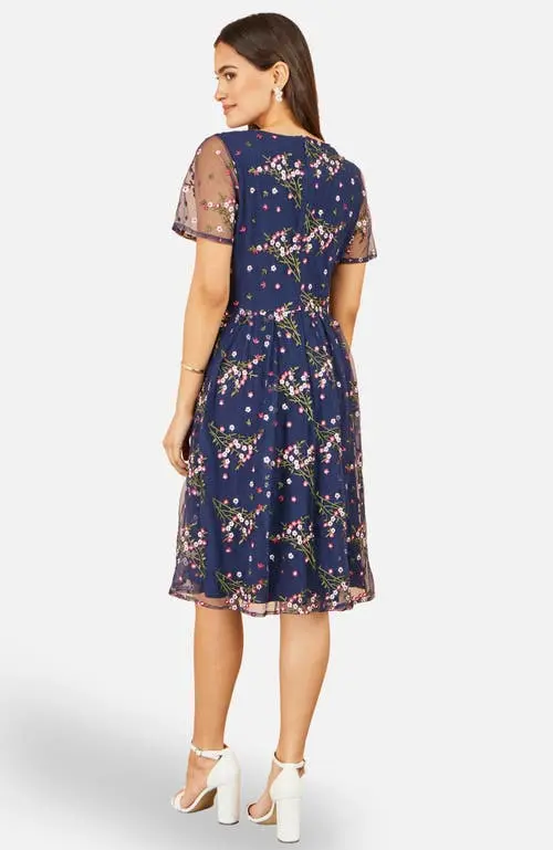 YUMI Embroidered Floral Mesh Fit-and-flare Dress - Navy