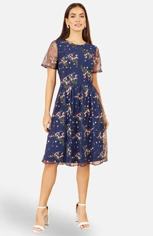 YUMI Embroidered Floral Mesh Fit-and-flare Dress - Navy