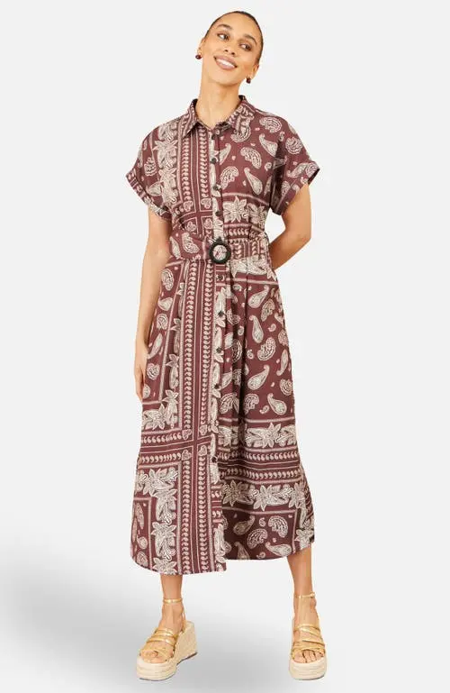 YUMI Paisley Print Midi Shirt Dress - Brown