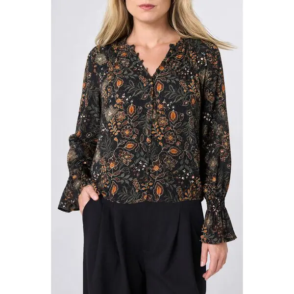 LIVERPOOL Floral Pintuck Detail Sateen Top - Blk/rust Multi