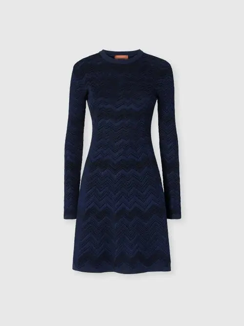 Missoni Zig Zag Viscose And Wool Crewneck Dress - Navy Blue