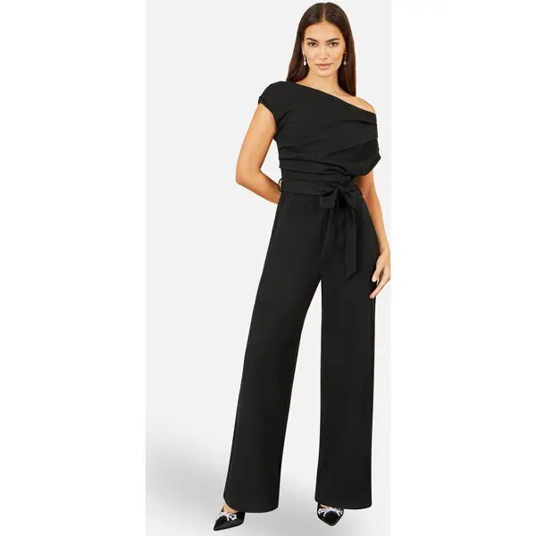 YUMI Asymmetrical Ruched Stretch Jumpsuit - Black