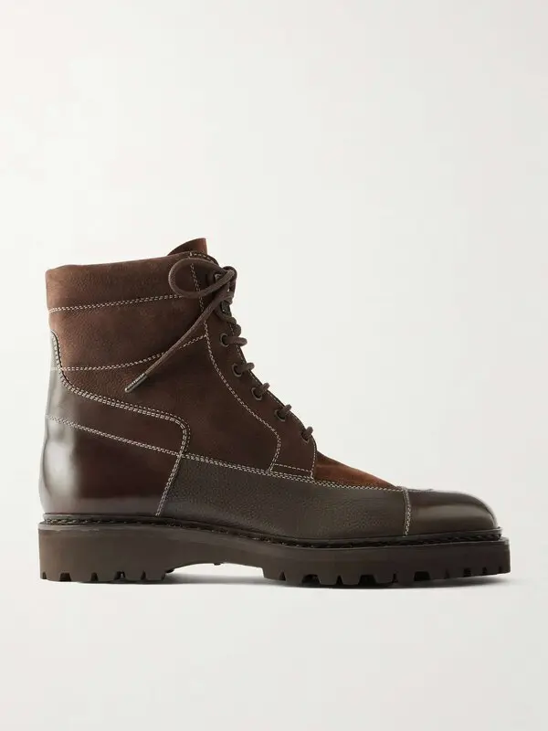 John Lobb Peak Lace-up Patchwork Effect Leather And Suede Boots - Dark Brown