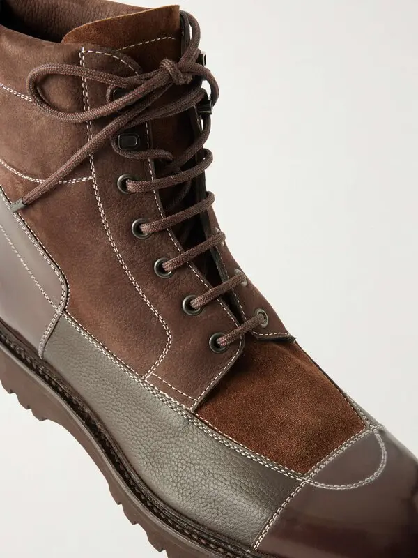 John Lobb Peak Lace-up Patchwork Effect Leather And Suede Boots - Dark Brown