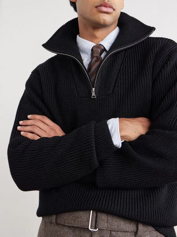 Officine Générale Tarek Ribbed Merino Wool Half-zip Sweater - Black