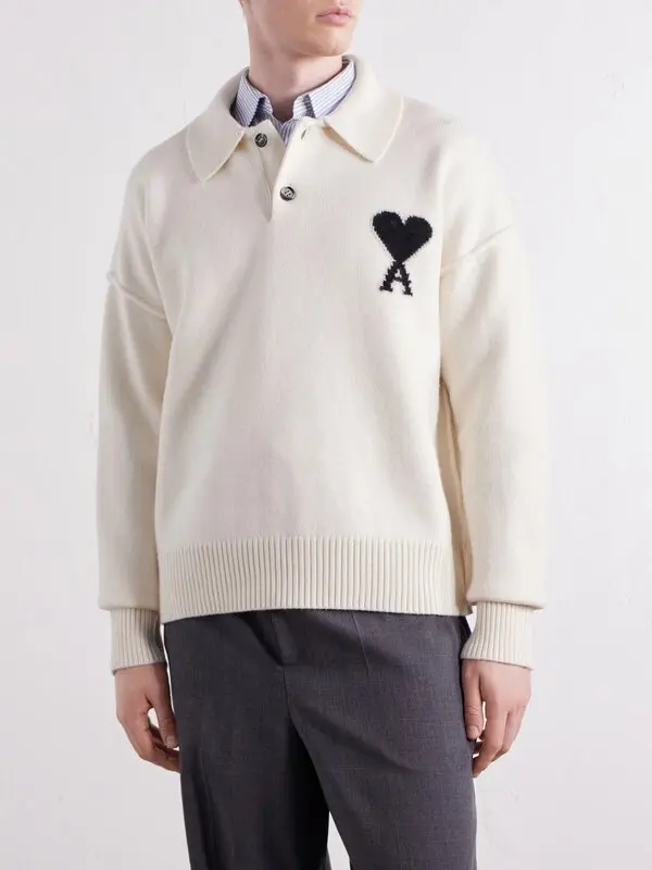 AMI Paris Logo Intarsia Wool Polo Sweater