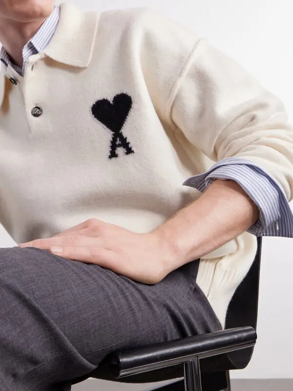 AMI Paris Logo Intarsia Wool Polo Sweater
