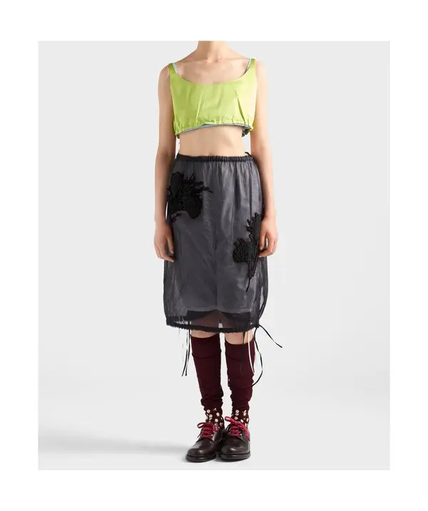 Prada Embroidered Organdy Midi Skirt - Black