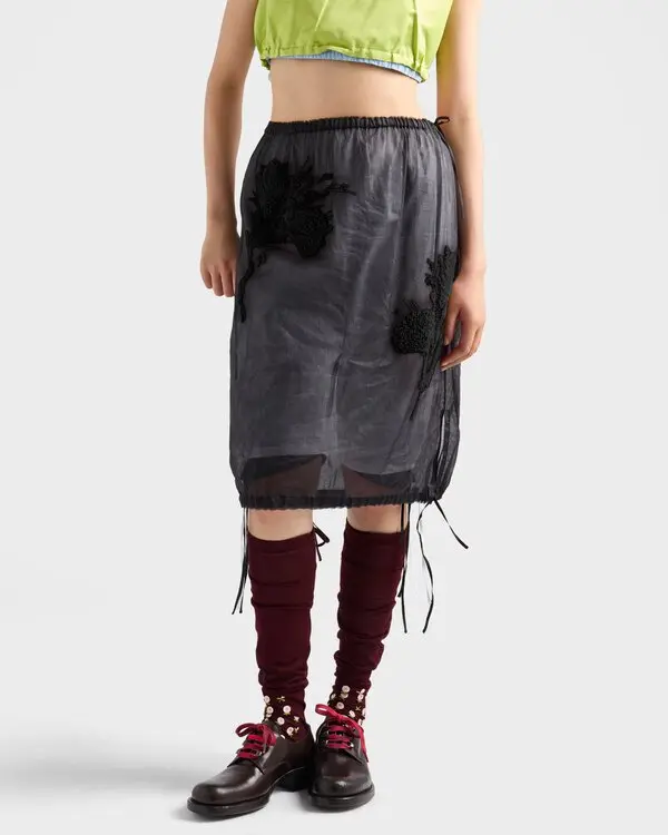 Prada Embroidered Organdy Midi Skirt - Black