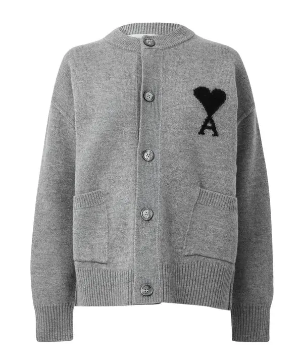 AMI Paris Crewneck Knit Cardigan - Gray