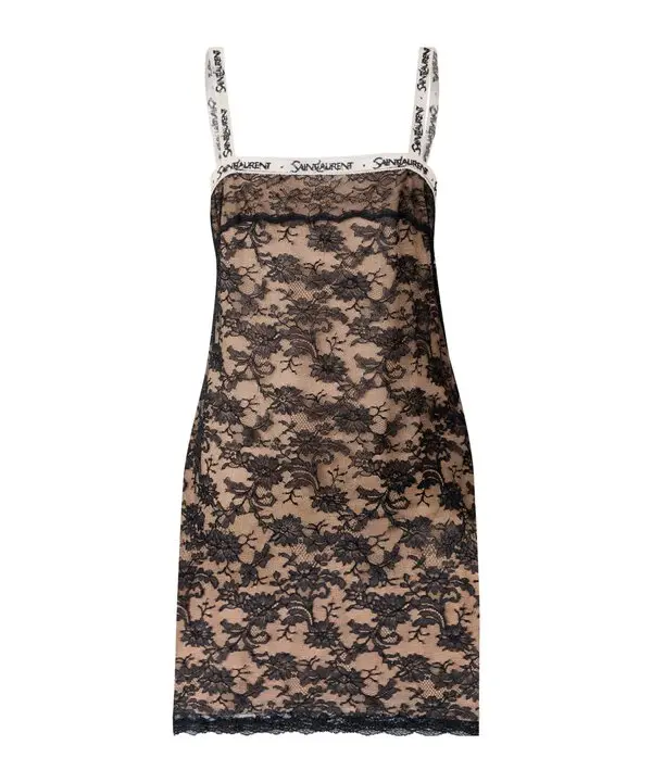 Saint Laurent Contrast Lace Slip Mini Dress - Black
