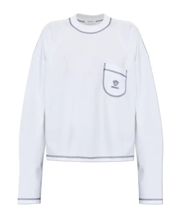 Versace Cotton Long-sleeve Top With Contrast Stitching And Pocket - White