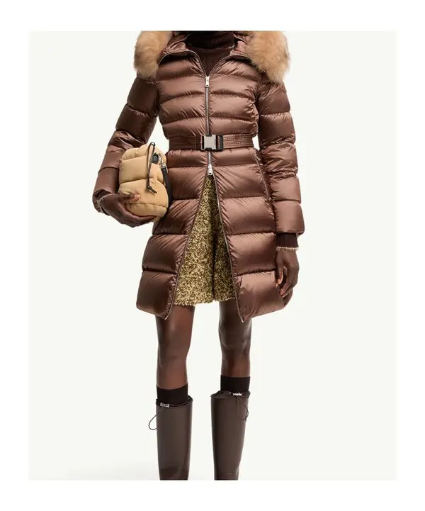 Moncler Leersies Long Down Coat With Shearling Trim