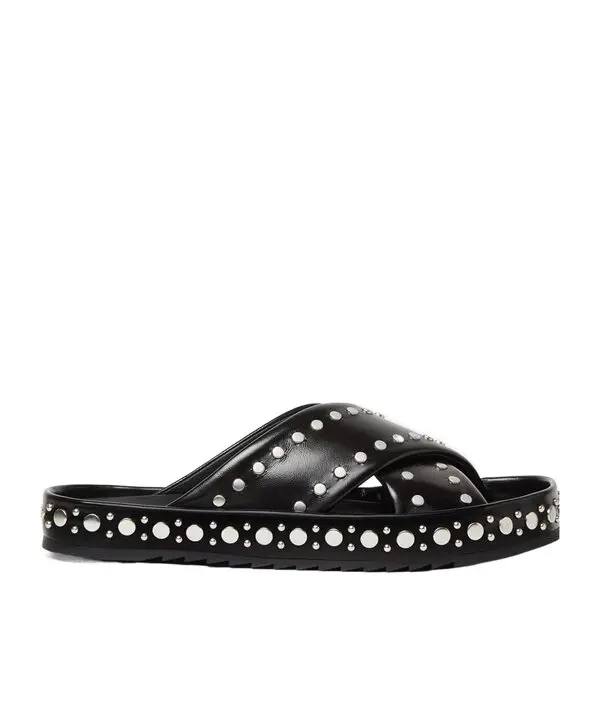 Fendi Double Leather Studded Slides - Black