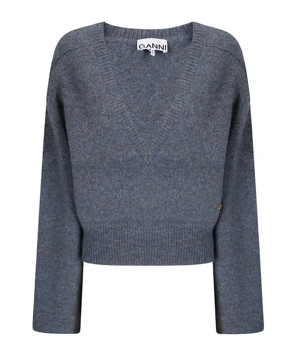 GANNI Ribbed V-neck Knitted Sweater