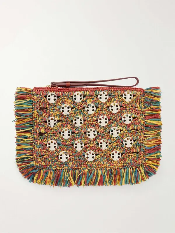 Rabanne Leather-trimmed Pailette-embellished Woven Raffia Clutch Bag - Multi