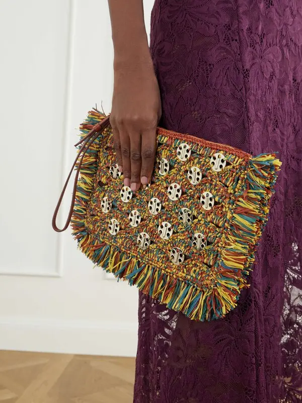 Rabanne Leather-trimmed Pailette-embellished Woven Raffia Clutch Bag