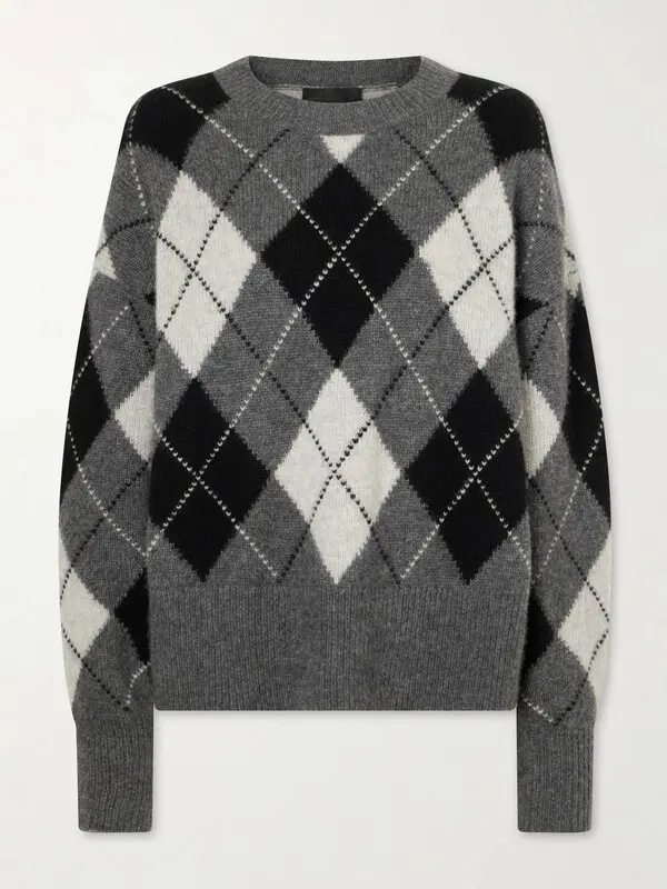 NILI LOTAN Donnika Argyle Checked Cashmere And Silk-blend Sweater - Gray