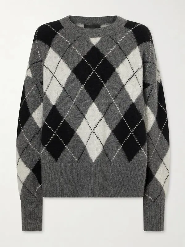 NILI LOTAN Donnika Argyle Checked Cashmere And Silk-blend Sweater - Gray