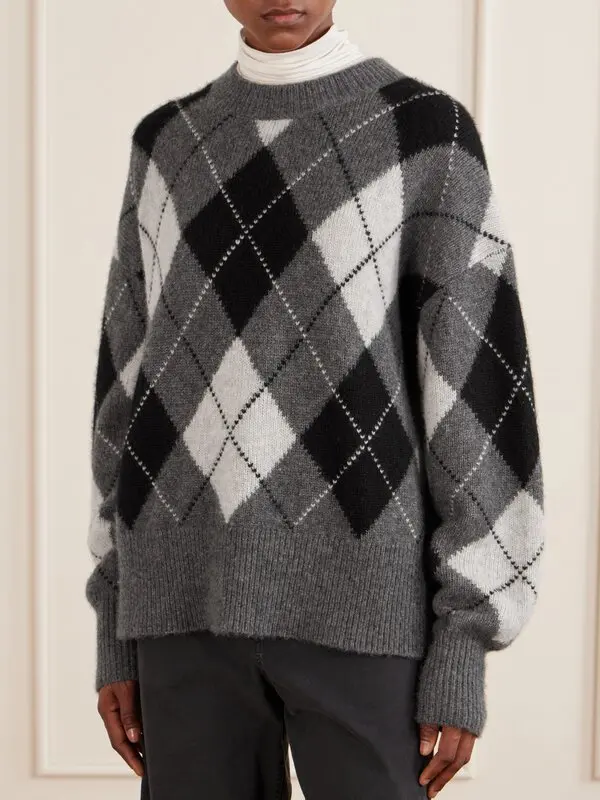NILI LOTAN Donnika Argyle Checked Cashmere And Silk-blend Sweater - Gray