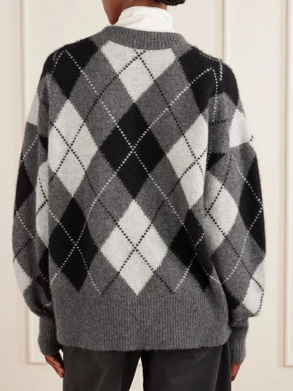 NILI LOTAN Donnika Argyle Checked Cashmere And Silk-blend Sweater - Gray