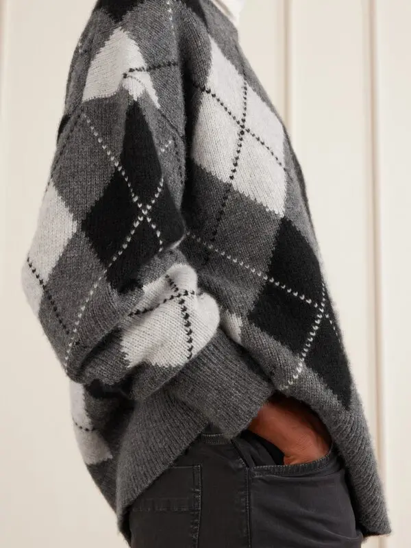 NILI LOTAN Donnika Argyle Checked Cashmere And Silk-blend Sweater - Gray
