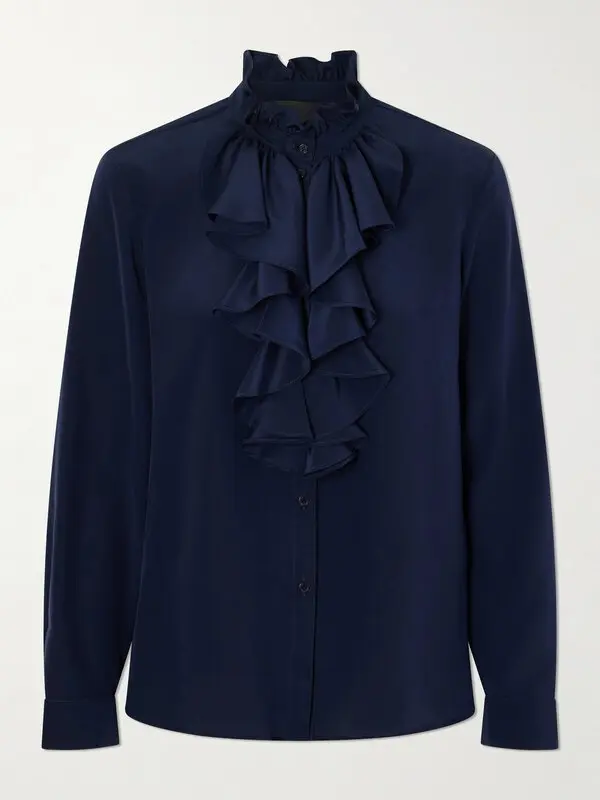 NILI LOTAN Lily Ruffled Silk-satin Blouse - Blue