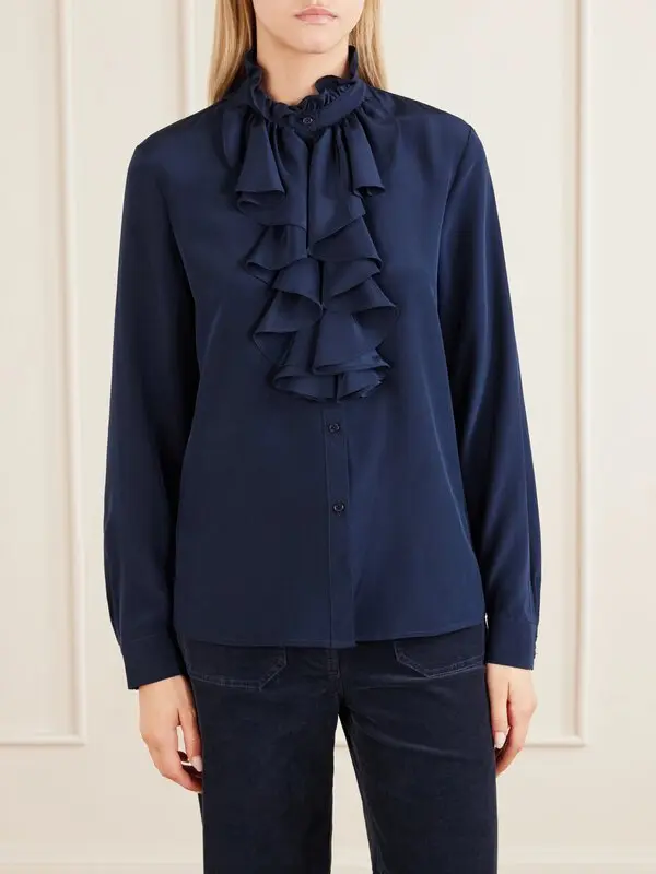 NILI LOTAN Ruffled Silk-satin Blouse - Blue