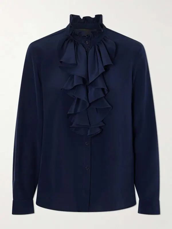 NILI LOTAN Lily Ruffled Silk-satin Blouse - Navy