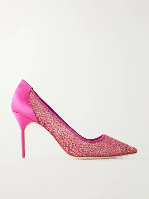 Manolo Blahnik Embellished Satin-trimmed Tulle Pumps - Pink