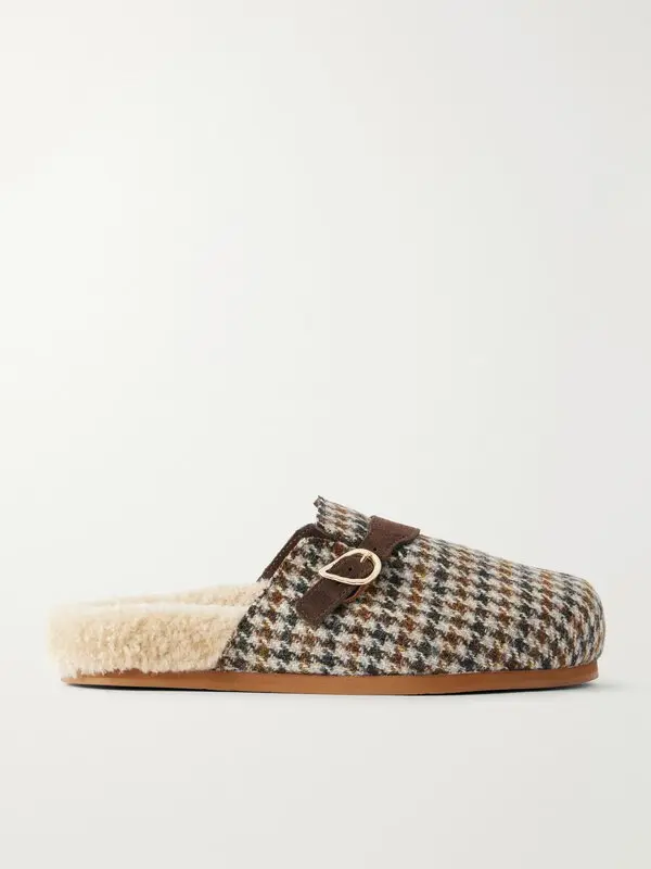 ANCIENT GREEK SANDALS Vasilitsa Shearling-trimmed Houndstooth Clogs - Brown